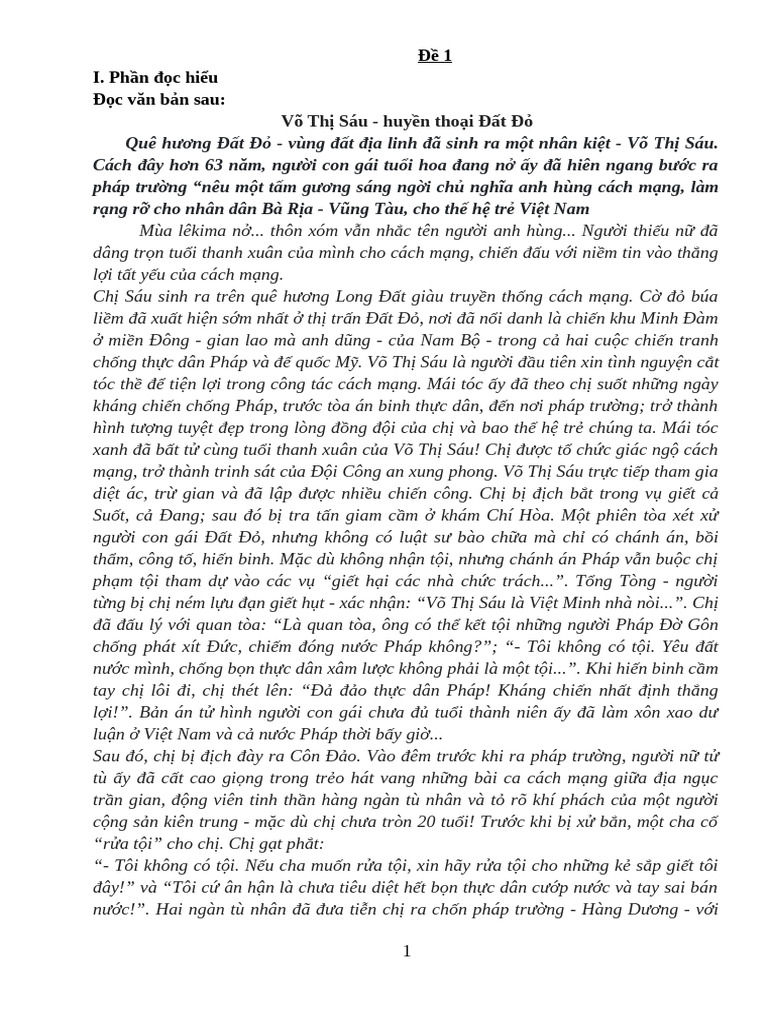 Đề 1 I. Phần đọc hiểu Đọc văn bản sau | PDF