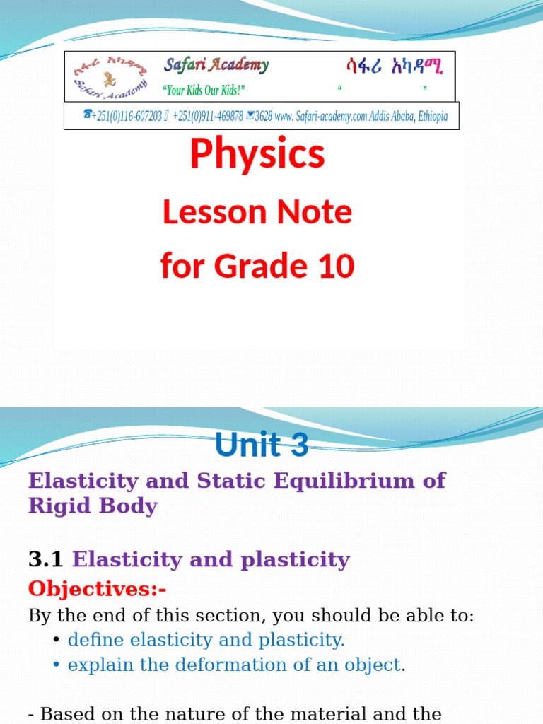 Physics Lesson Note For Grade 10 Unit 3 | PDF | Young's Modulus ...