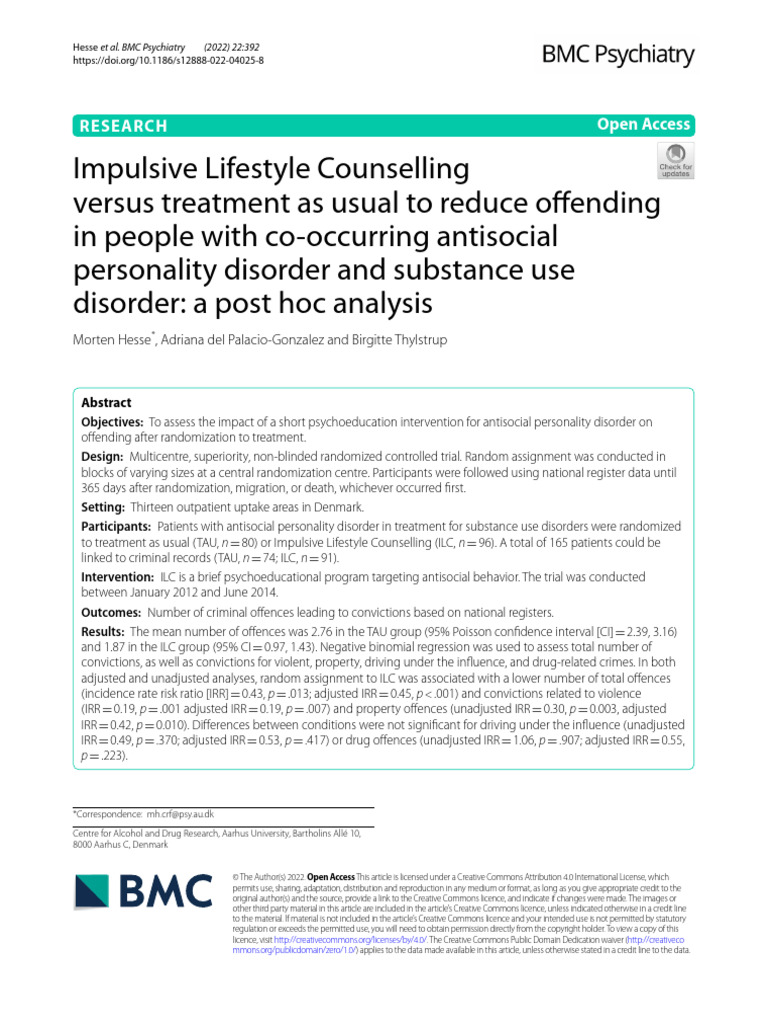 Impulsive Lifestyle Counselling Versus Treatment As Usual To Reduce ...