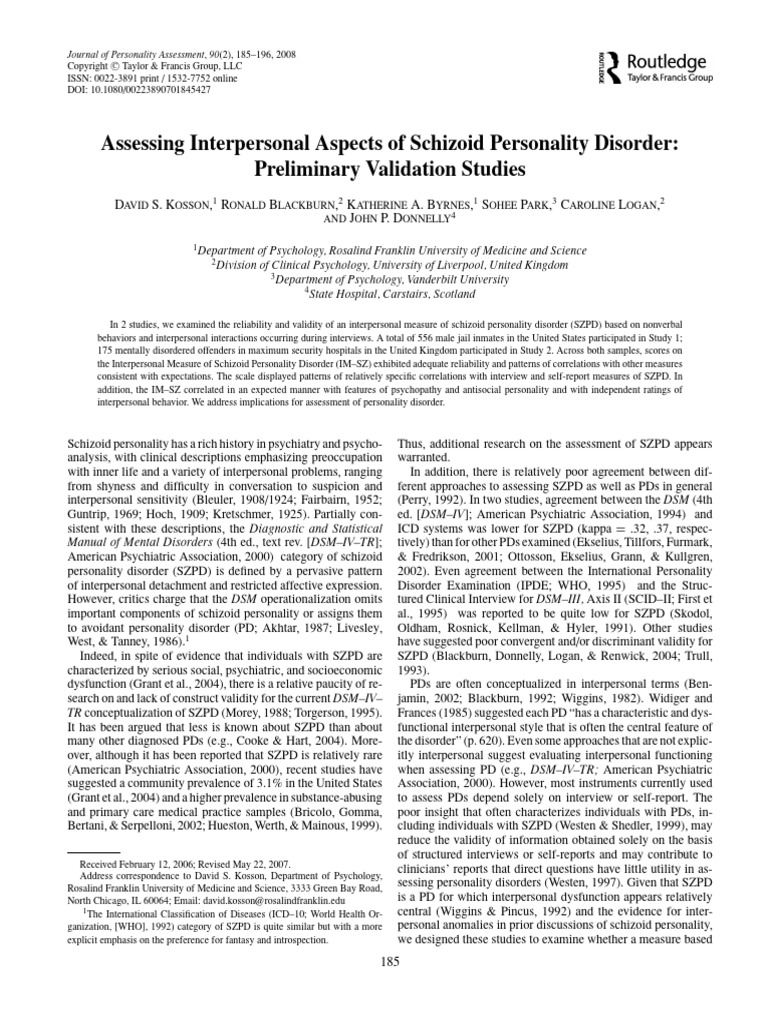 Assessing Interpersonal Aspects of Schizoid Personality Disorder ...