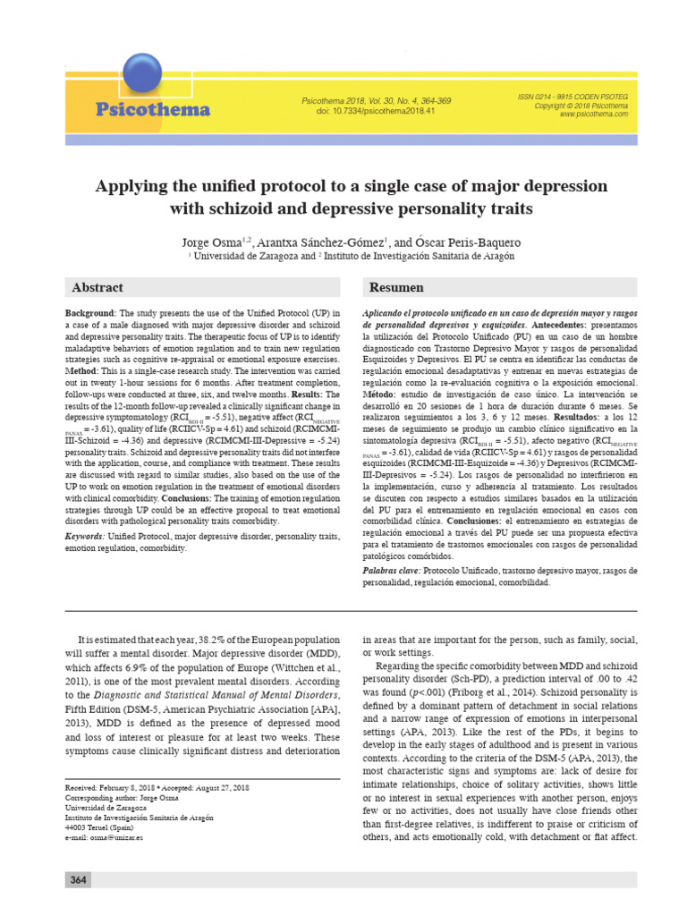 Applying The Unified Protocol To A Single Case of Major Depression With ...