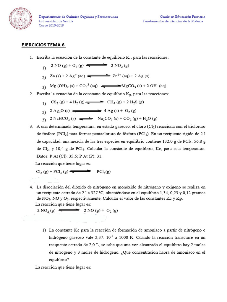 Ejercicios T6 | PDF | Equilibrio químico | Gases