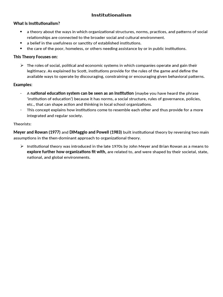 Understanding Institutionalism Theory | PDF