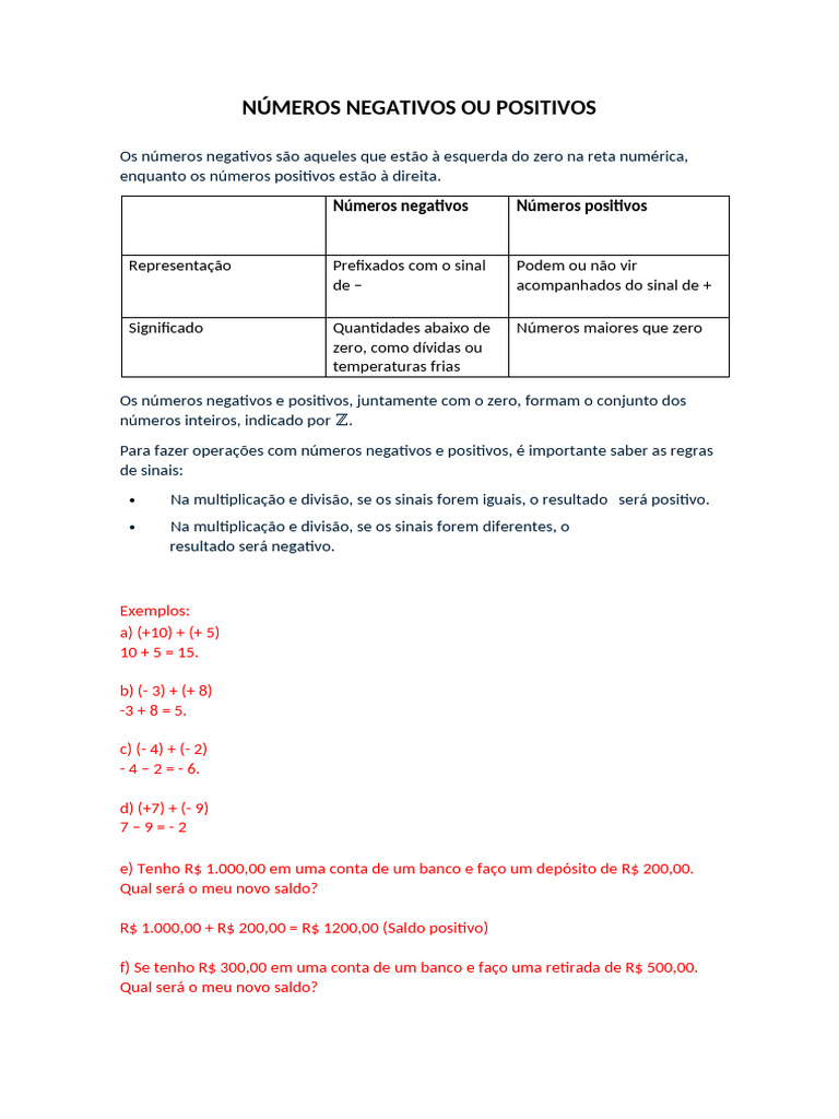 Números Negativos e Positivos: Regras e Exemplos | PDF