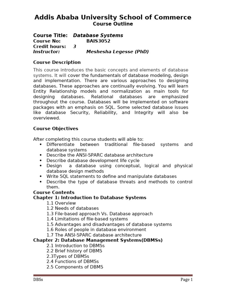 DBS_CourseOutline | PDF | Databases | Relational Database