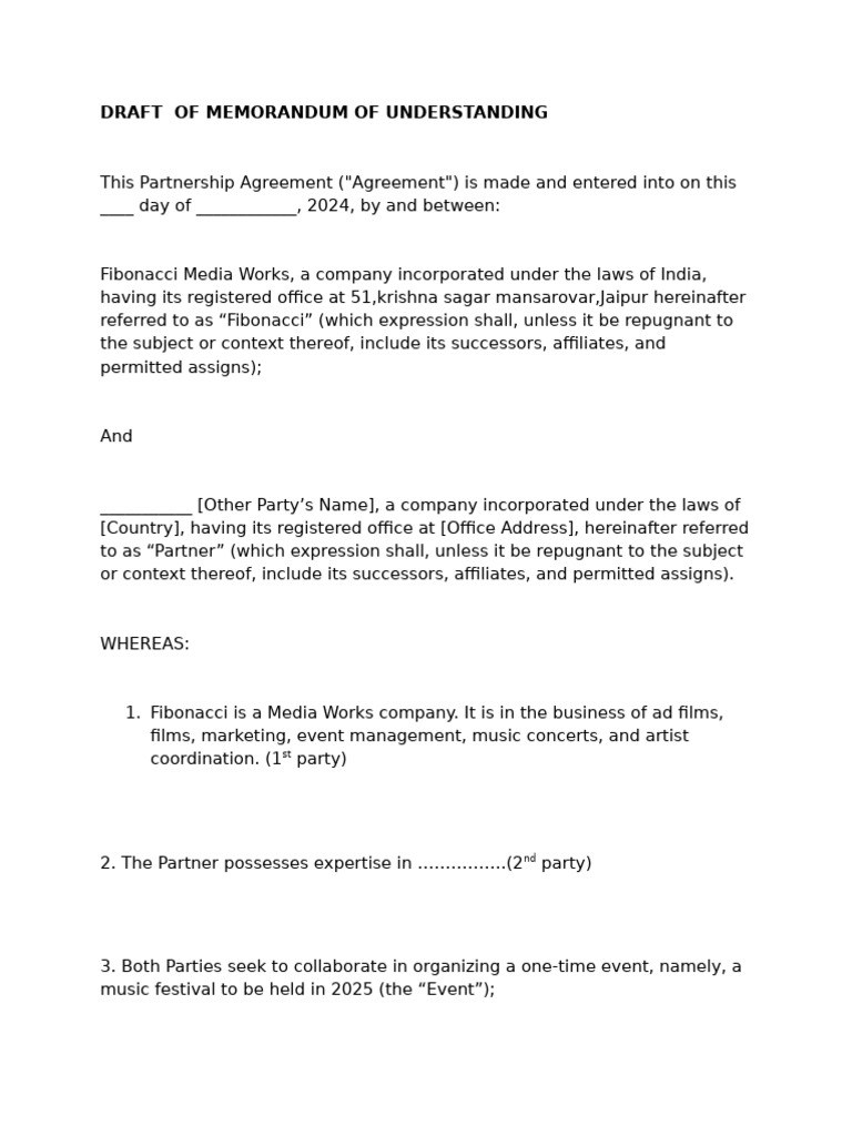 DRAFT MOU | PDF | Breach Of Contract | Partnership