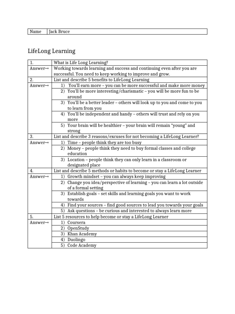 999 LifeLong Learner Worksheet 2 | PDF