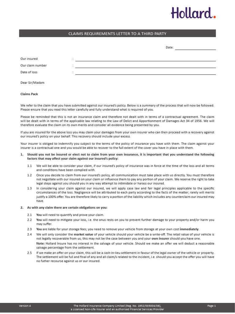 claims-requirements-letter-to-a-third-party- | PDF | Insurance | Legal ...