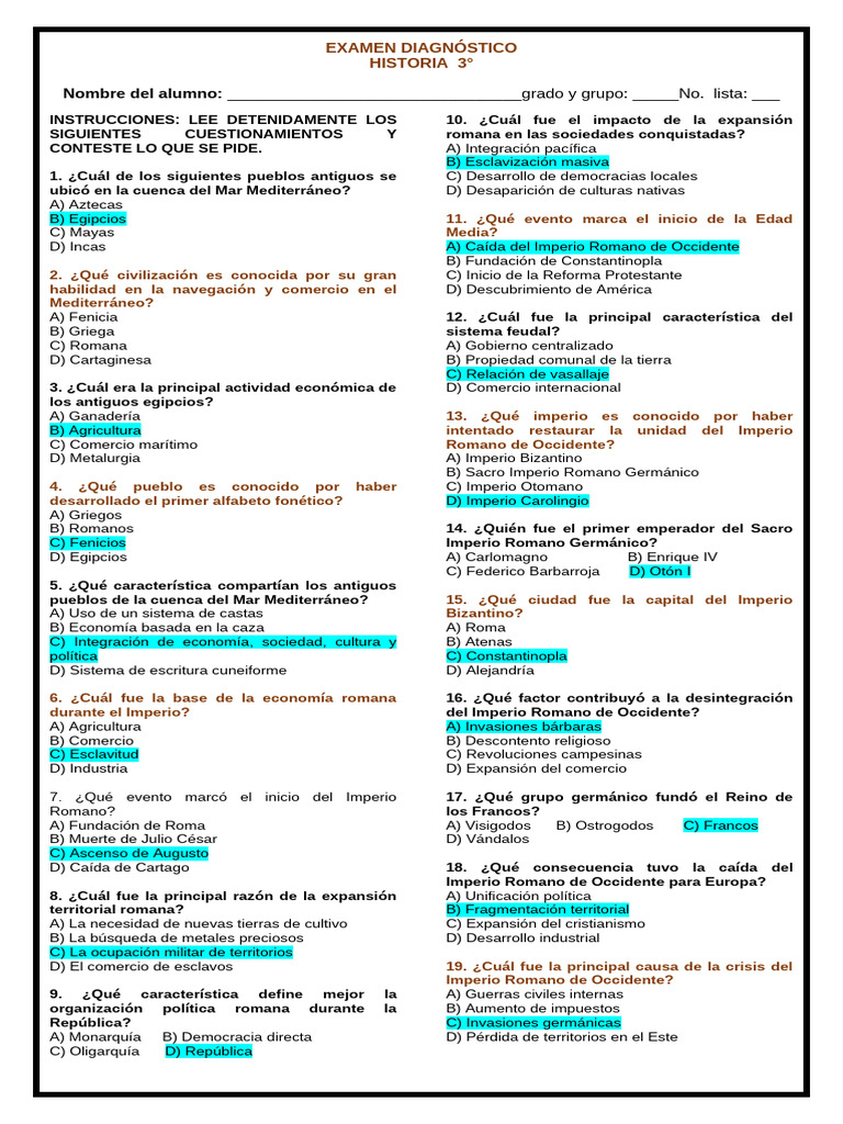 Examen Diagn Stico Historia 3ø | PDF | imperio Romano | imperio Bizantino