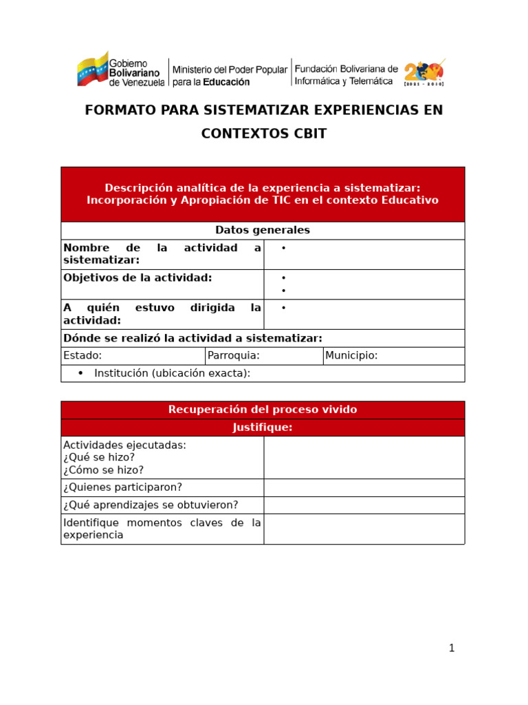 Formatos-Sistematizacion de Experiencias Cbit | PDF