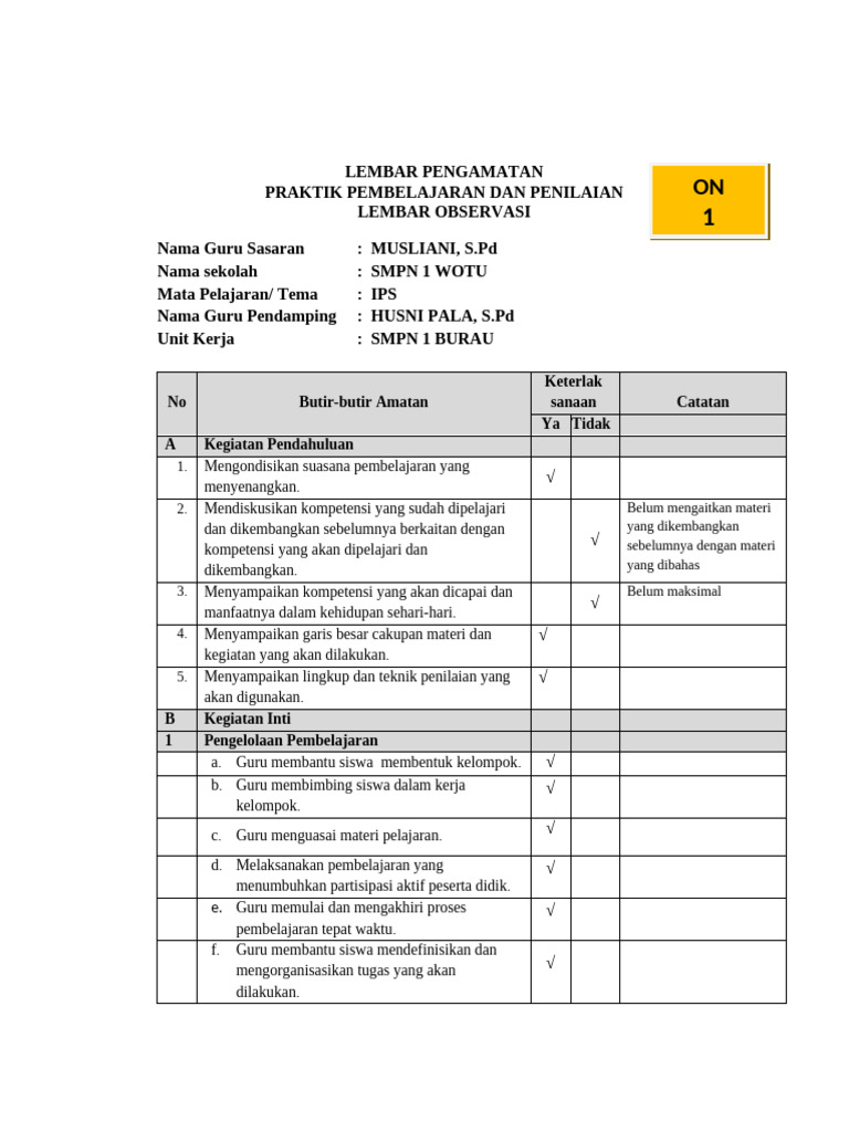 Pengamatan Praktik Pembelajaran Dan Penilaian SMP 1 Wotu | PDF