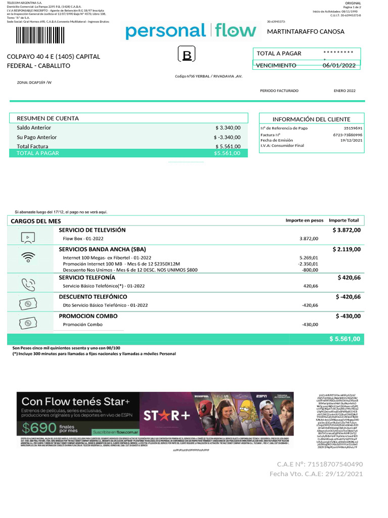 Factura Telecom Enero 2022 | PDF | Pagos | Tecnología bancaria
