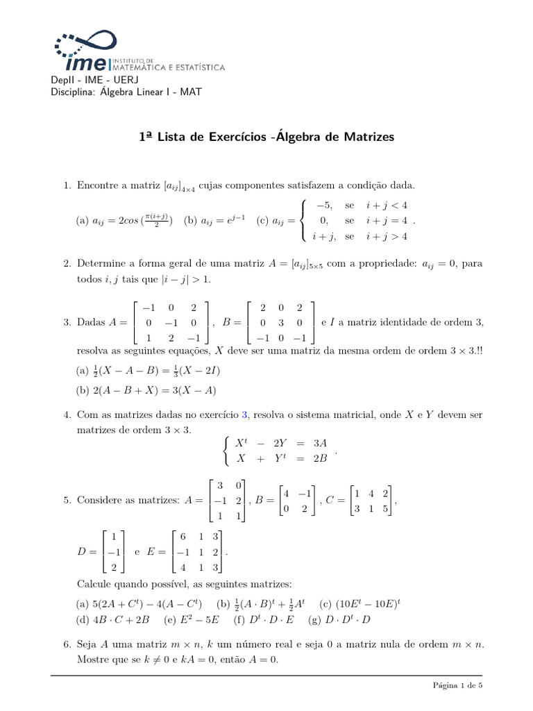 Lista 1 - Álgebra Linear Igdnekzbamana | PDF | Matriz (Matemática) | Teoria do Operador