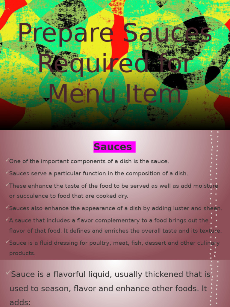 Essential Sauces for Menu Preparation | PDF | Starch | Sauce