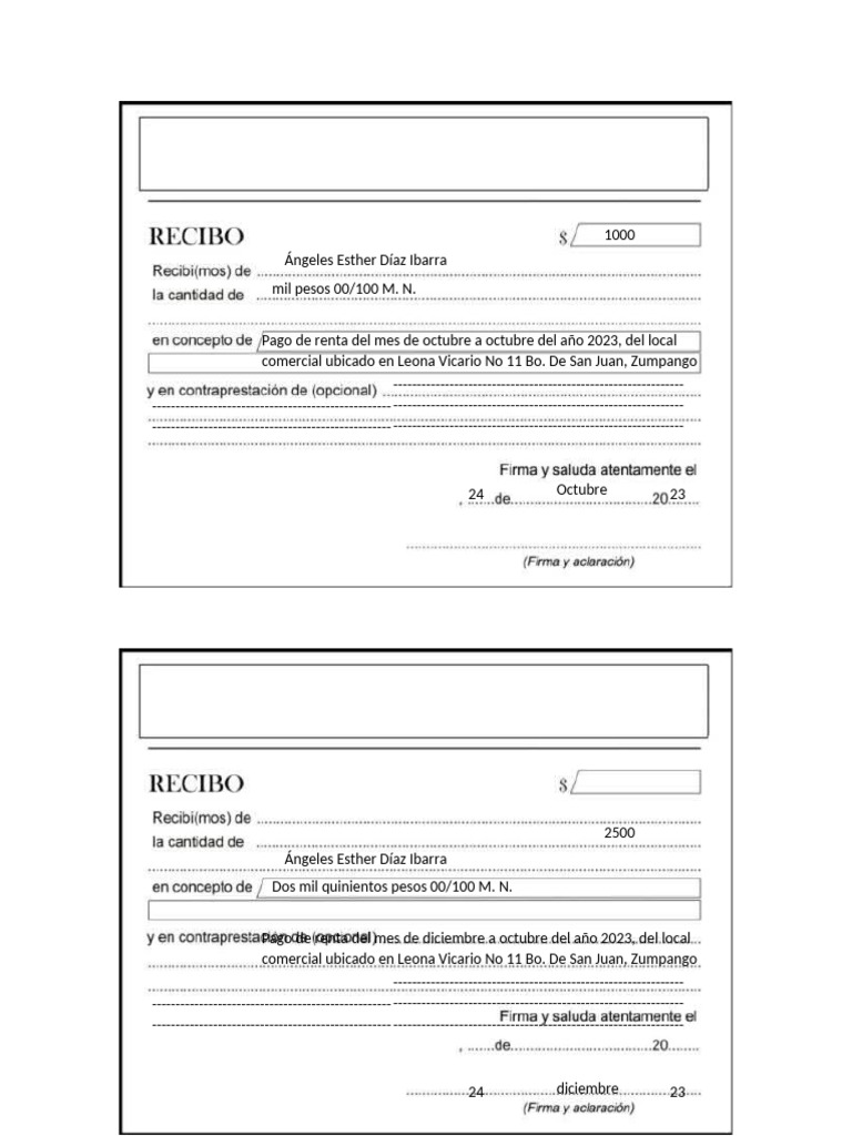 RECIBO PAGO DE RENTA octubre noviembre y diciembre | PDF