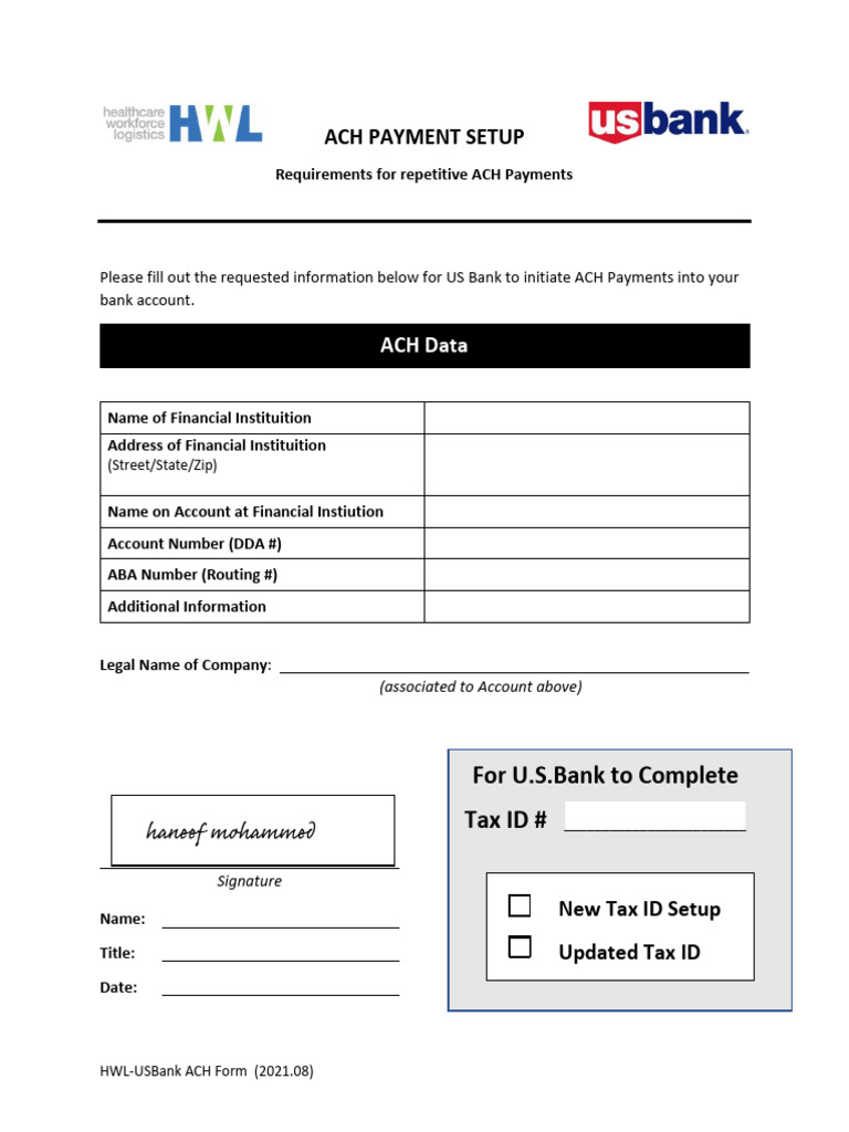 Blank ACH Form (2021.09) - Esign With Signature Block 10 2021 | PDF