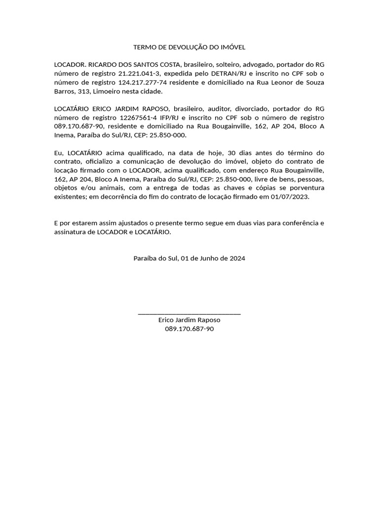 Termo de Devolução de Imóvel Locado | PDF