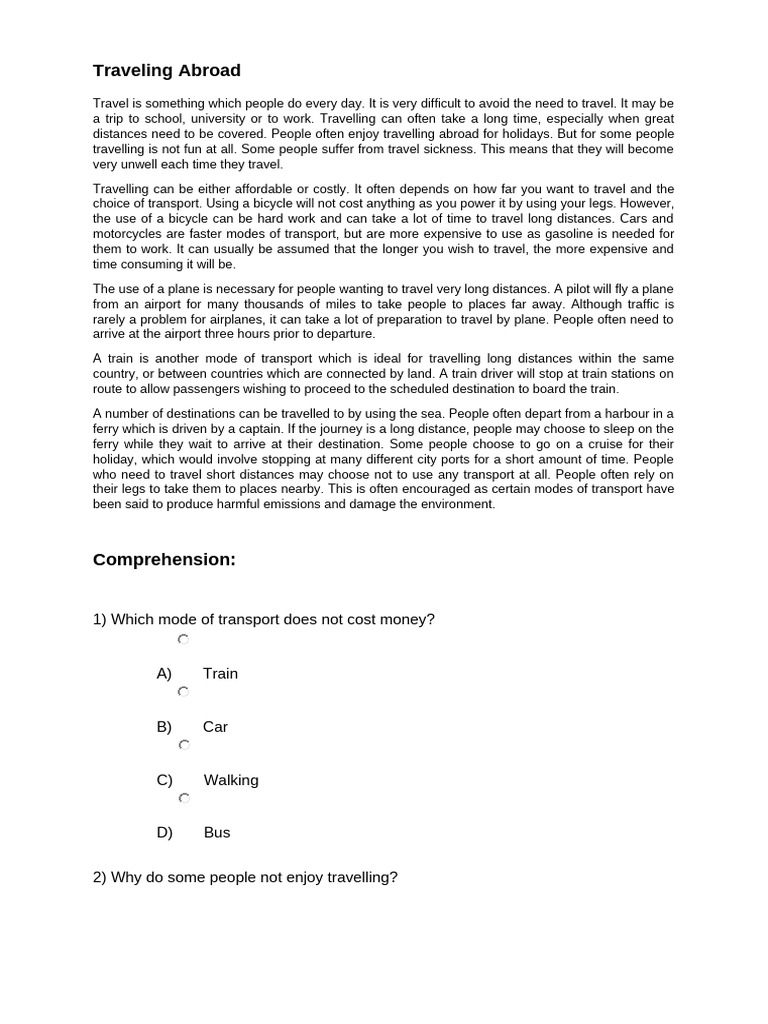 Travel Modes & Preferences Quiz | PDF | Transport | Train