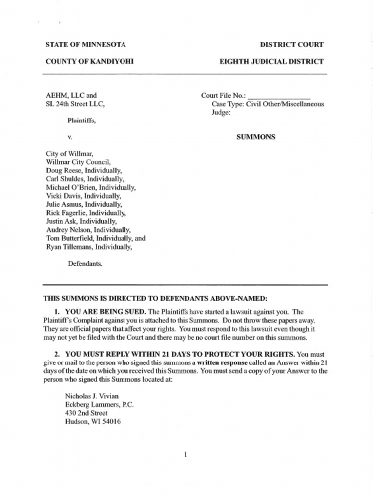 2024-11-14 Suite Liv'n Lawsuit Against City of Willmar | PDF