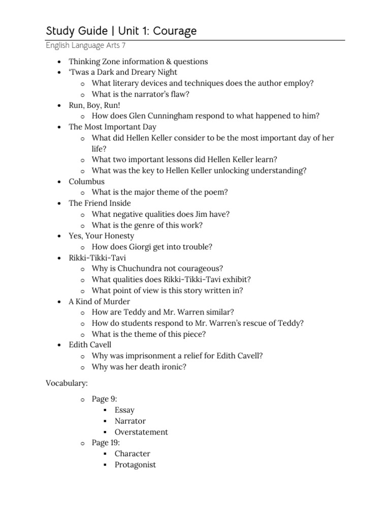 Courage Study Guide for ELA 7 | PDF