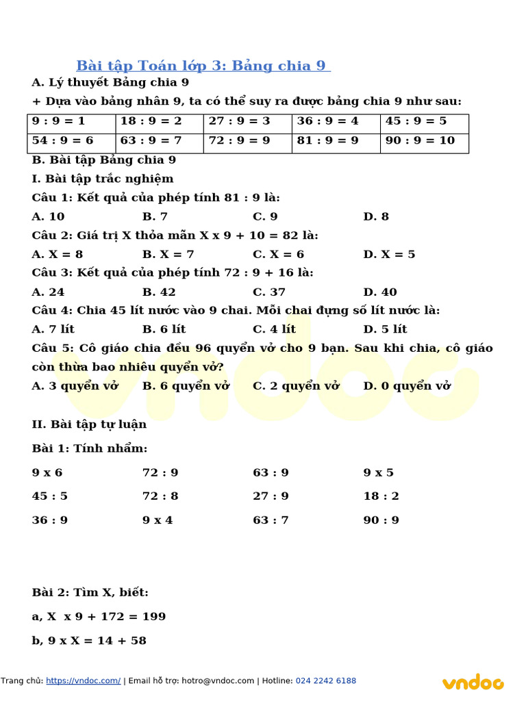 Bai Tap Bang Chia 9 Lop 3 | PDF