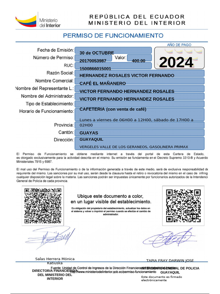 Permiso-Funcionamiento CAFE EL MAÑANERO | PDF