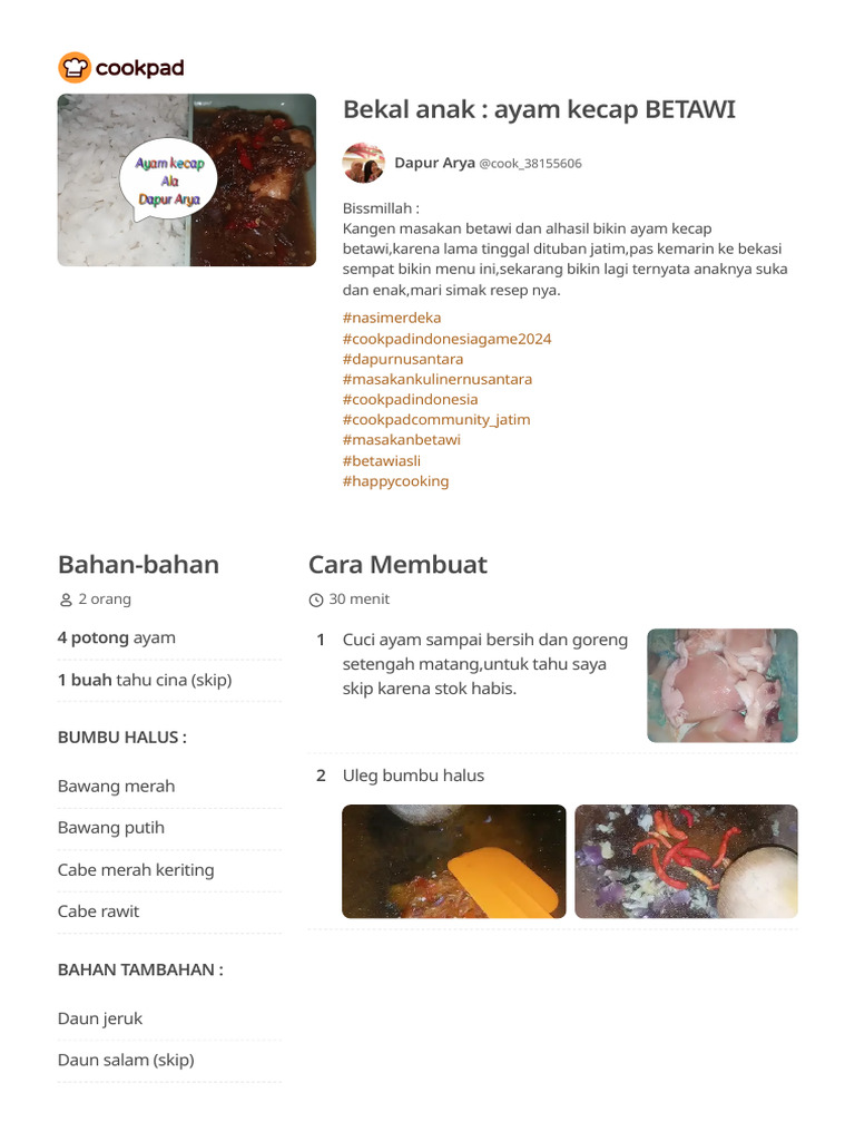 Resep Bekal Anak - Ayam Kecap BETAWI Oleh Dapur Arya - Cookpad | PDF