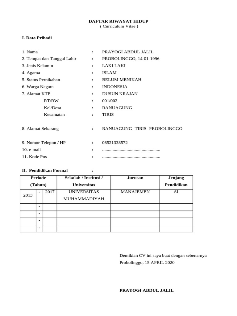 CV Prayogi Abdul Jalil 2020 | PDF