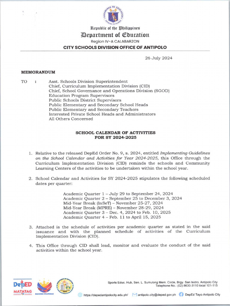 UM-466 SCHOOL CALENDAR OF ACTIVITIES FOR SY 2024-2025 | PDF