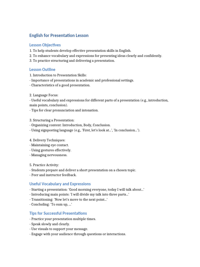 English For Presentation Lesson | PDF