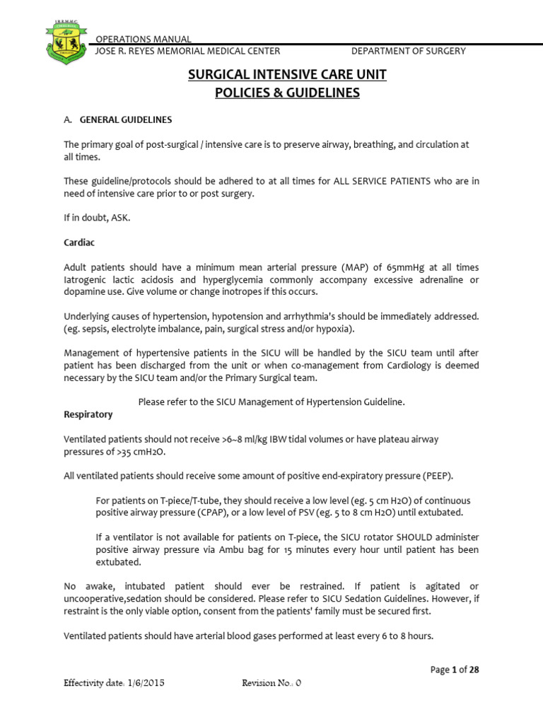 JRRMMC SICU Guidelines and Policies | PDF | Intensive Care Unit ...