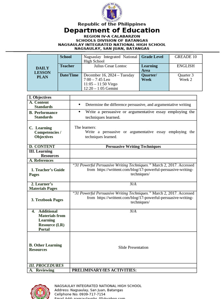 G10 Argumentative Essay LP | PDF | Teachers | Rubric (Academic)