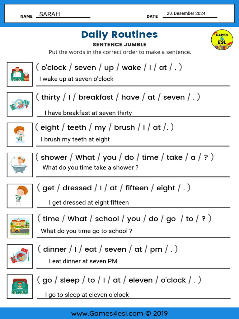 Daily Routine Worksheet Sentence Jumble | PDF