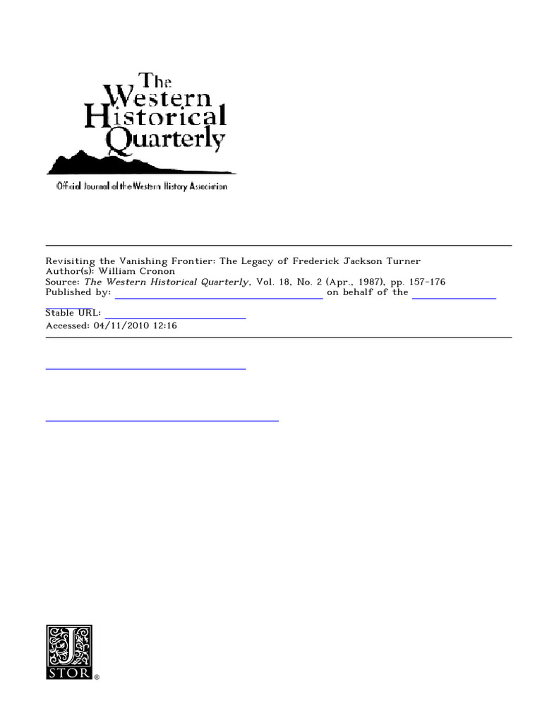 William Cronon, Revisiting The Vanishing Frontier - The Legacy of ...