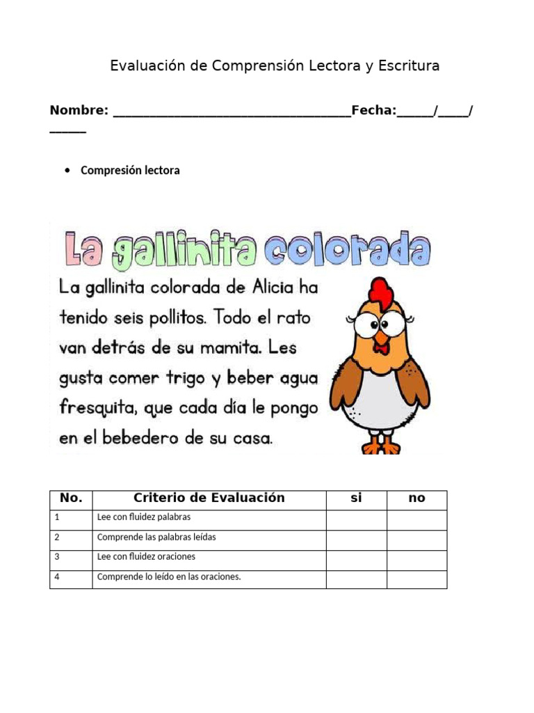 Evaluación de Comprensión Lectora y Escritura | PDF