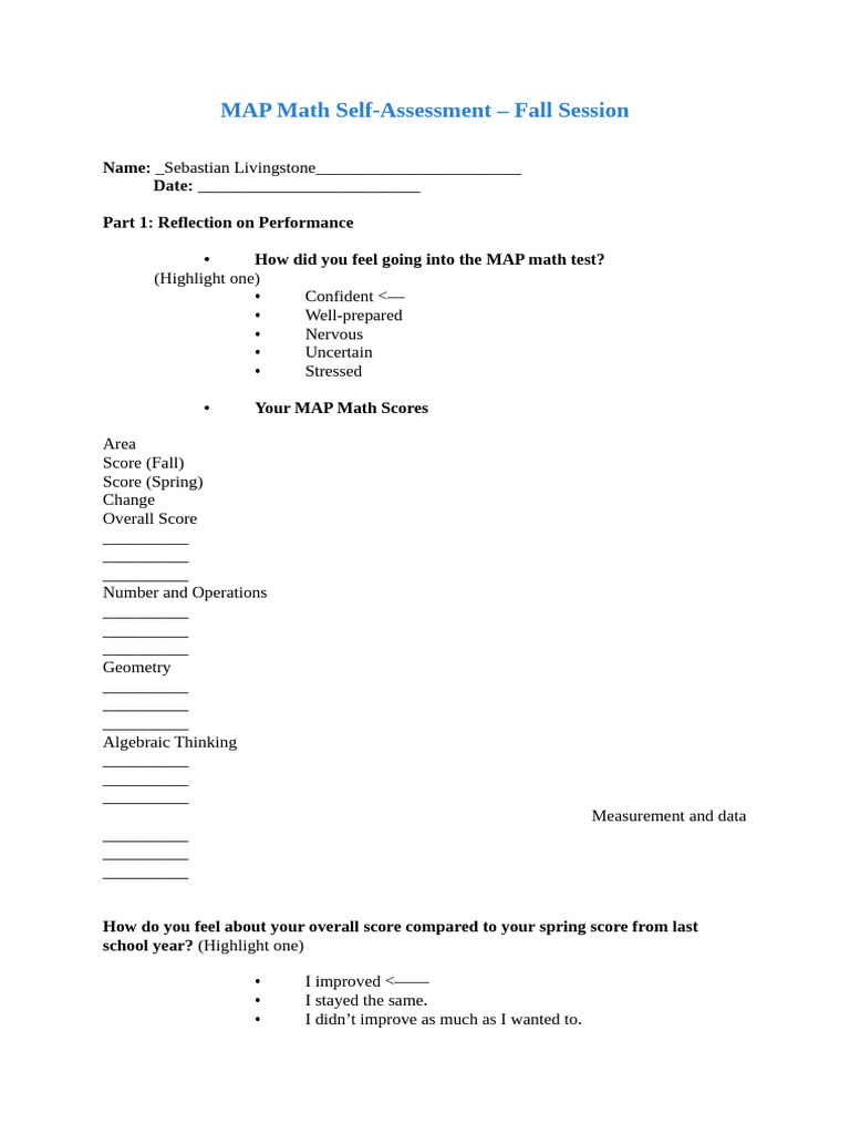 MAP Math Self-Assessment - Fall Session | PDF