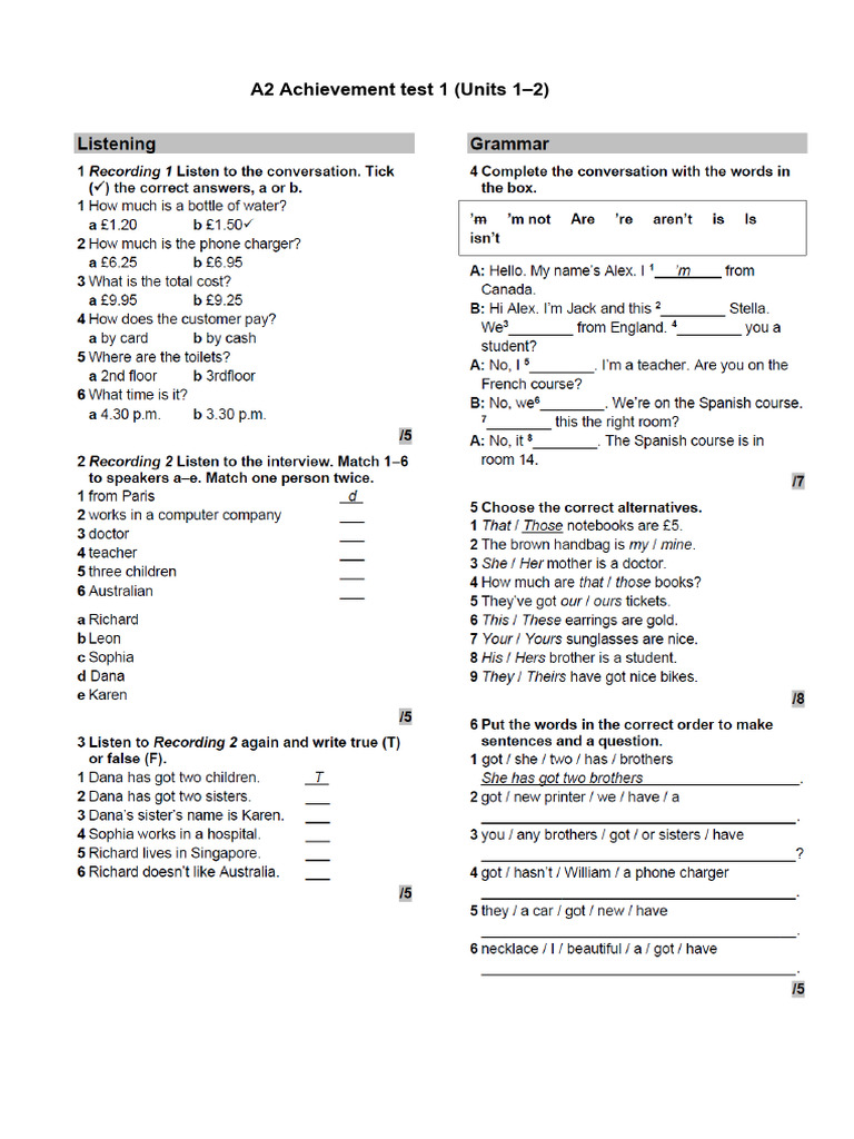 INGA2 FichaTrabalho AchievementTest1 Units1&2 RoadmapA2 | PDF