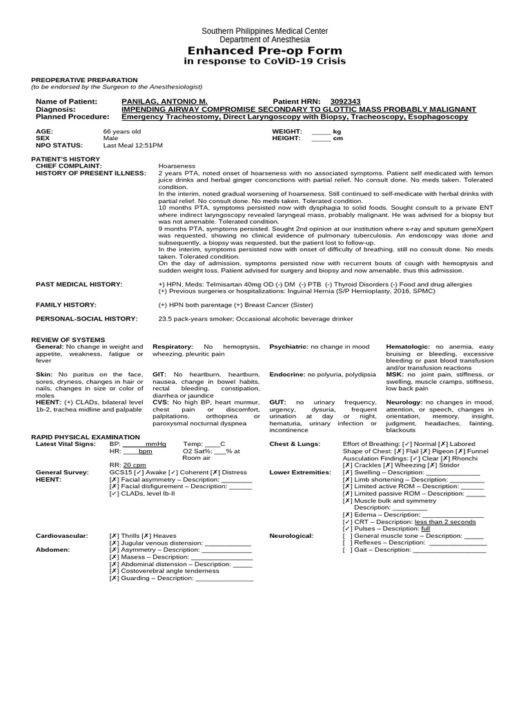 Preoperative Anesthesia Form for COVID-19 | PDF | Clinical Medicine ...
