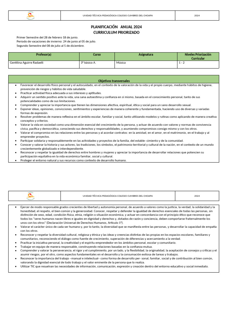 Plan Anual Música 3° Básico 2024 | PDF | Ritmo | Instrumentos musicales