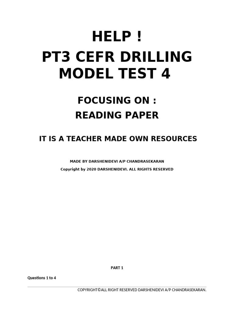 HELP! PT3 CEFR DRILLING MODEL TEST 4 READING PAPER | PDF