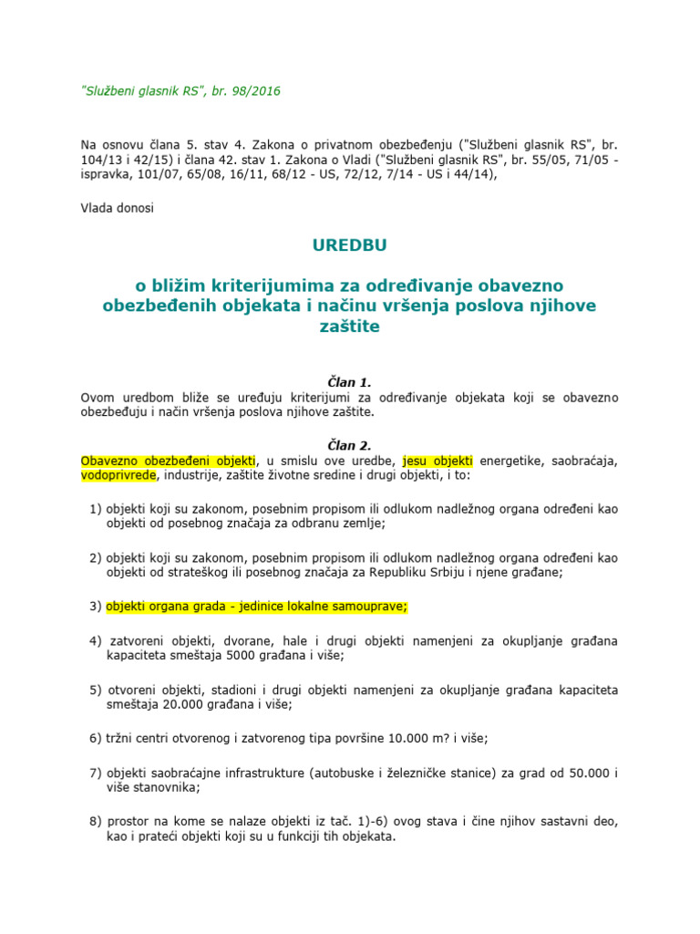 Uredba o Obavezno Obezbeđenim Objektima | PDF