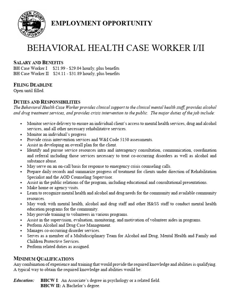 Behavioral Health Case Worker I II 2022-Sal Inc | PDF | Substance Abuse ...