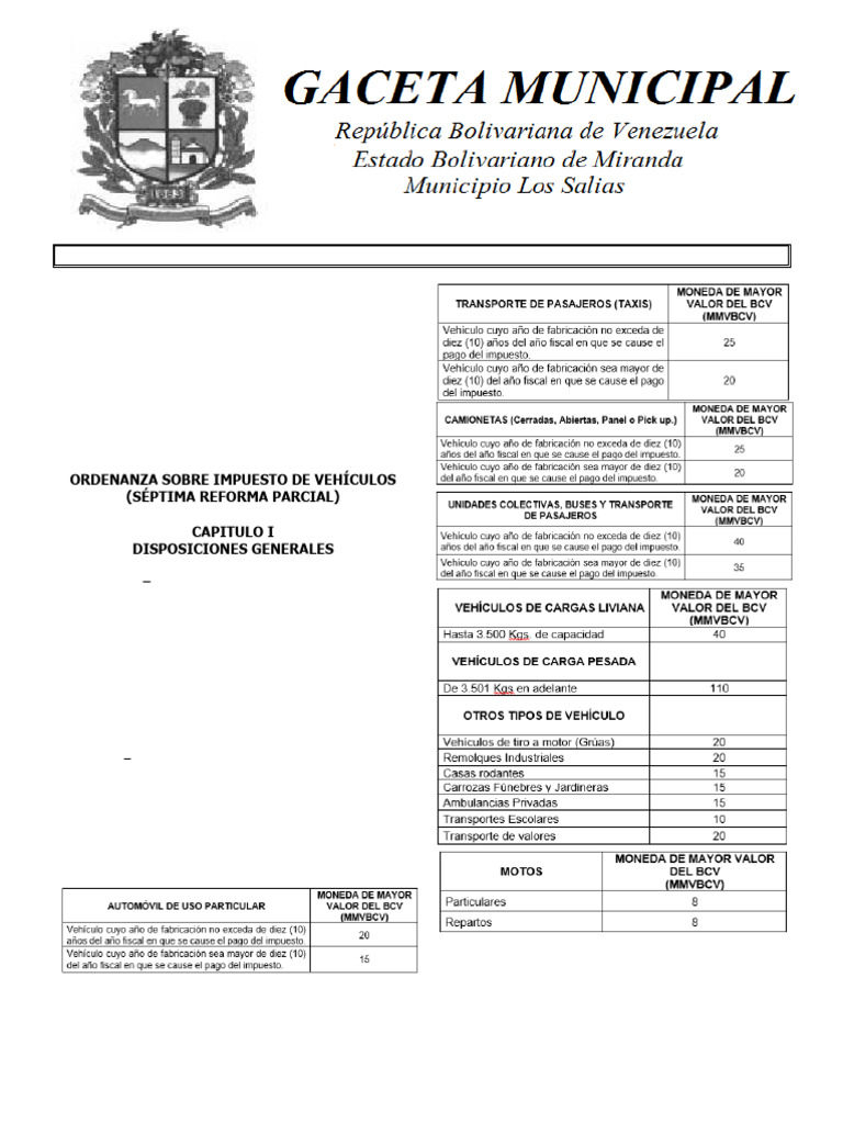 Ordenanza de Impuesto de Vehiculos en El Municipio Los Salias - 7ma - Nov 2023 | PDF | Impuestos ...