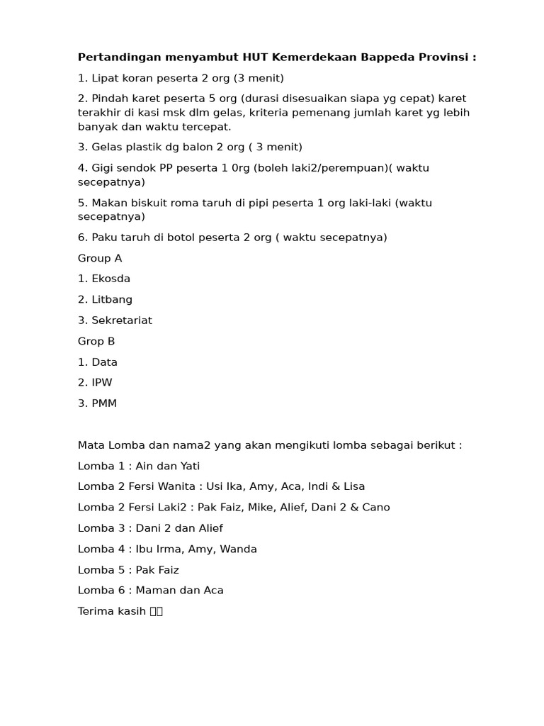 Pertandingan Menyambut HUT Kemerdekaan Bappeda Provinsi | PDF