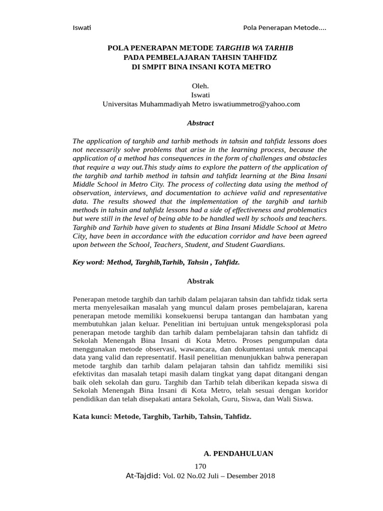 POLA PENERAPAN METODE TARGHIB WA PEMBELAJARAN TAHFIDZ | PDF