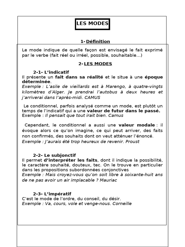 Modes et temps verbaux en français | PDF | Temps (grammaire) | Sujet ...