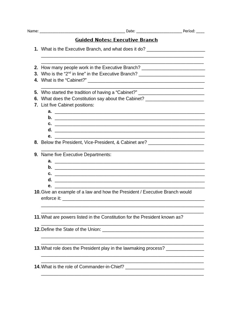 Executive Branch Guided Notes Template | PDF | American Government ...