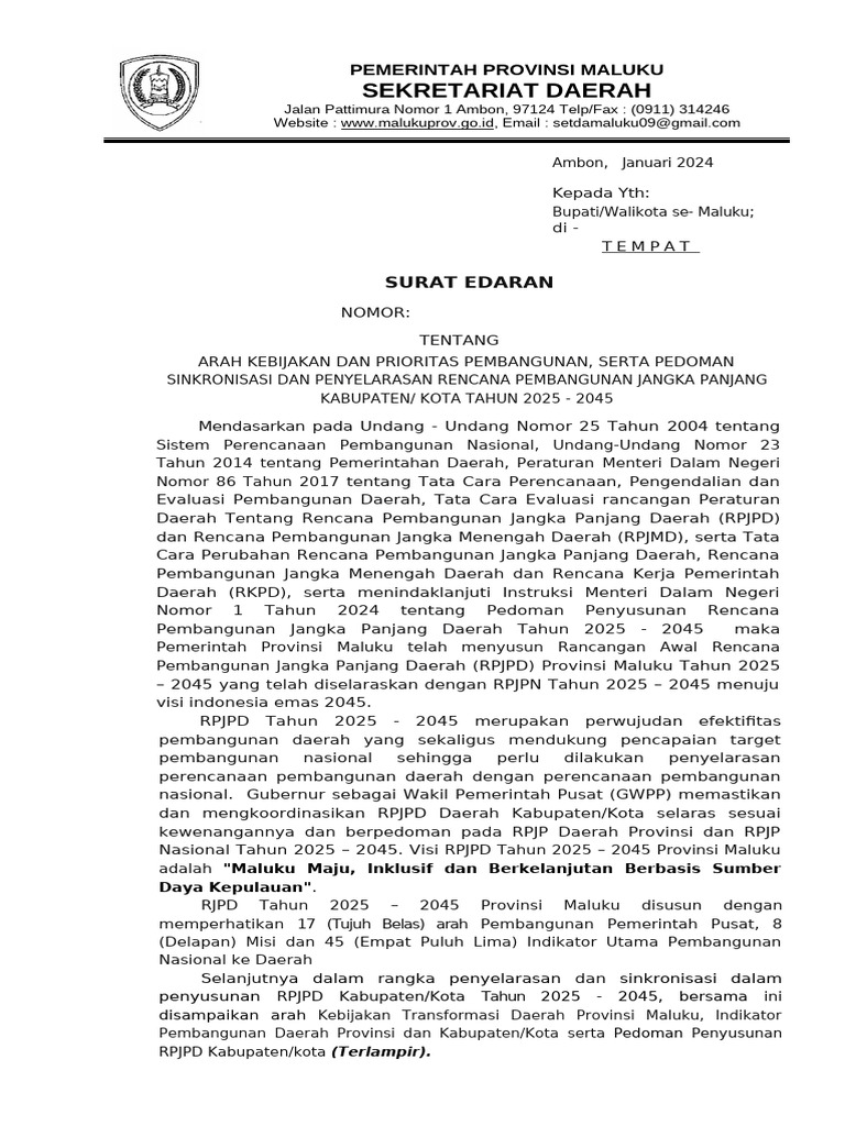 Draft Surat Edaran RPJPD Untuk Kabkota Edit 2 | PDF
