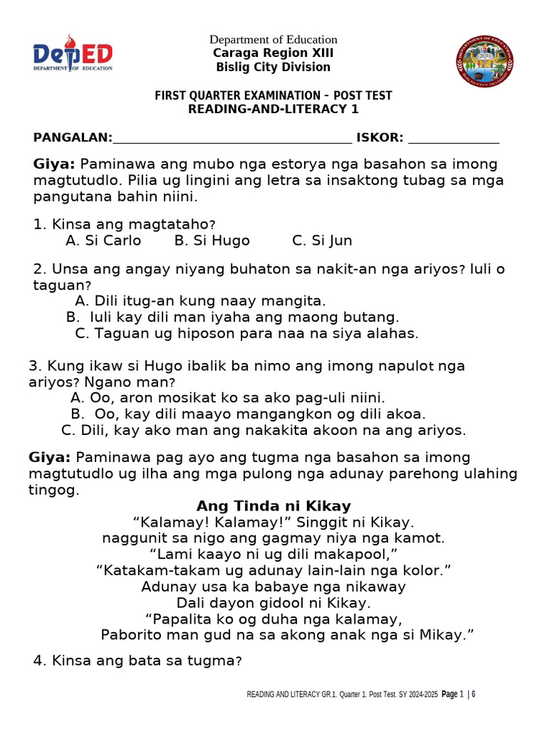 Final READING LITERACY 1. Q1. TQ. Post Test | PDF