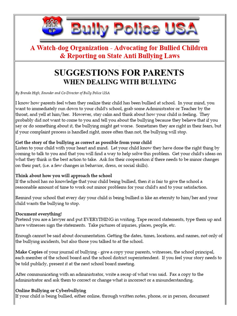Bullying - Suggestions For Parents | PDF | Bullying | Cyberbullying